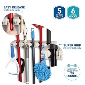 HOME IT Mop And Broom Holder - Garage Storage Systems with 5 Slots, 6 Hooks, 7.5lbs Capacity Per Slot - Garden Tool Organizer For 11 Tools - For Home, Kitchen, Closet, Garage, Laundry Room - Off-White