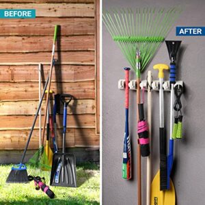 HOME IT Mop And Broom Holder - Garage Storage Systems with 5 Slots, 6 Hooks, 7.5lbs Capacity Per Slot - Garden Tool Organizer For 11 Tools - For Home, Kitchen, Closet, Garage, Laundry Room - Off-White