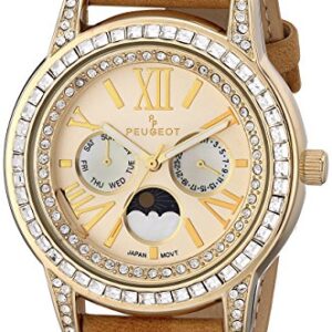 Peugeot Women Crystal Bezel Dress Watch, Day Date Moon Phase Function & Mother of Peal Dial with Roman Numeral, Brown Suede Strap