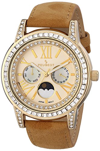 Peugeot Women Crystal Bezel Dress Watch, Day Date Moon Phase Function & Mother of Peal Dial with Roman Numeral, Brown Suede Strap