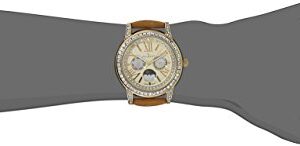 Peugeot Women Crystal Bezel Dress Watch, Day Date Moon Phase Function & Mother of Peal Dial with Roman Numeral, Brown Suede Strap