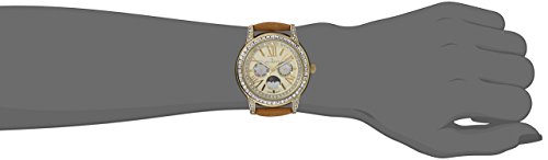 Peugeot Women Crystal Bezel Dress Watch, Day Date Moon Phase Function & Mother of Peal Dial with Roman Numeral, Brown Suede Strap