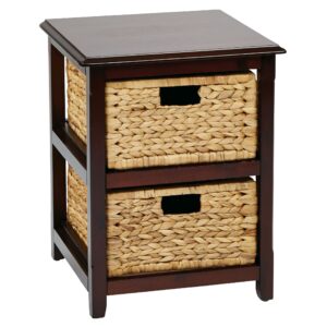 OSP Home Furnishings Seabrook Storage Tower with Solid Wood Frame and Natural Baskets, 2-Drawer, Espresso Finish