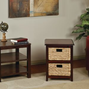 OSP Home Furnishings Seabrook Storage Tower with Solid Wood Frame and Natural Baskets, 2-Drawer, Espresso Finish