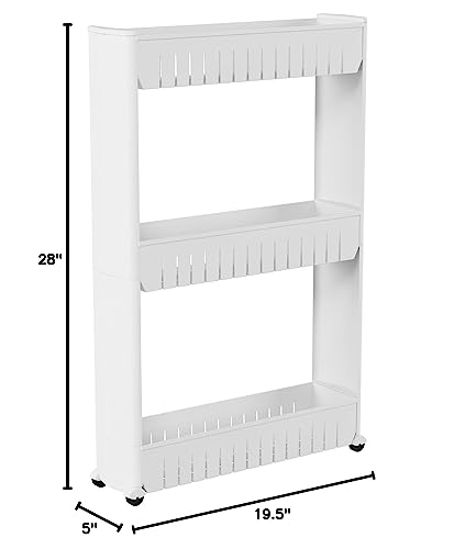 Lavish Store 3-Tier Rolling Cart – Narrow-Space Kitchen or Bathroom Slim Slide Shelves – Organization and Storage Furniture by Lavish Home, (L) 19.5” x (W) 5” x (H) 28”, White