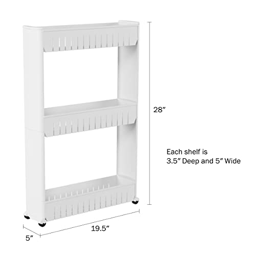 Lavish Store 3-Tier Rolling Cart – Narrow-Space Kitchen or Bathroom Slim Slide Shelves – Organization and Storage Furniture by Lavish Home, (L) 19.5” x (W) 5” x (H) 28”, White