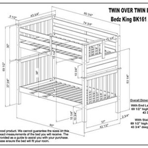 Bedz King Tall Bunk Beds Twin over Twin Mission Style with End Ladder and 2 Under Bed Drawers, White