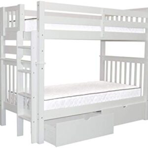 Bedz King Tall Bunk Beds Twin over Twin Mission Style with End Ladder and 2 Under Bed Drawers, White