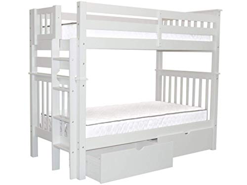 Bedz King Tall Bunk Beds Twin over Twin Mission Style with End Ladder and 2 Under Bed Drawers, White