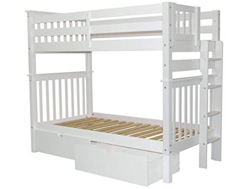 Bedz King Tall Bunk Beds Twin over Twin Mission Style with End Ladder and 2 Under Bed Drawers, White