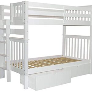 Bedz King Tall Bunk Beds Twin over Twin Mission Style with End Ladder and 2 Under Bed Drawers, White