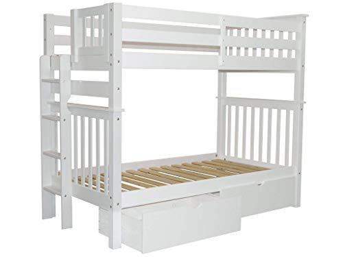 Bedz King Tall Bunk Beds Twin over Twin Mission Style with End Ladder and 2 Under Bed Drawers, White