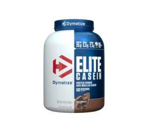 dymatize elite casein protein powder, slow absorbing with muscle building amino acids, 100% micellar casein, 25g protein, 5.4g bcaas & 2.3g leucine, helps overnight recovery, rich chocolate, 4 pound