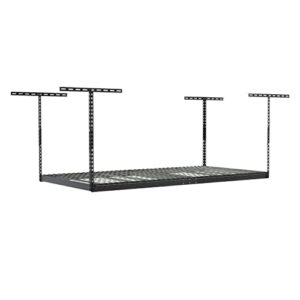 monsterrax overhead garage storage rack- 4 x 8 ceiling rack for garage shelving, organization, & storage, adjustable hanging storage for bikes, equipment & accessories (hammertone, 12"- 21")