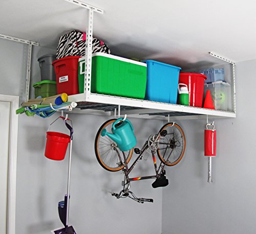 MonsterRax Overhead Garage Storage Rack- 4 x 8 Ceiling Rack for Garage Shelving, Organization, & Storage, Adjustable Hanging Storage for Bikes, Equipment & Accessories (White, 24"-45").