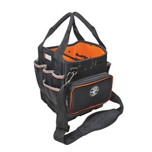 klein tools 5541610-14 tool bag with shoulder strap has 40 pockets for tool storage and orange interior