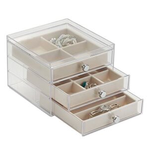 iDesign - 37030 Plastic 3 Jewelry Box, Compact Storage Organization Drawers Set for Cosmetics, Hair Care, Bathroom, Dorm, Desk, Countertop, Office, 6.5" x 7" x 5", Clear and Ivory White