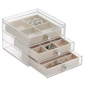 idesign - 37030 plastic 3 jewelry box, compact storage organization drawers set for cosmetics, hair care, bathroom, dorm, desk, countertop, office, 6.5" x 7" x 5", clear and ivory white