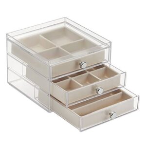 iDesign - 37030 Plastic 3 Jewelry Box, Compact Storage Organization Drawers Set for Cosmetics, Hair Care, Bathroom, Dorm, Desk, Countertop, Office, 6.5" x 7" x 5", Clear and Ivory White