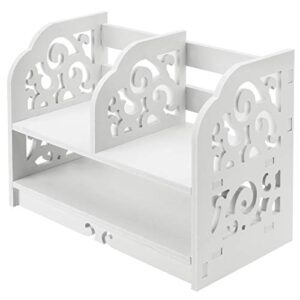 mygift 2-tier white openwork design desktop book and stationary organizer rack, countertop bookcase shelf