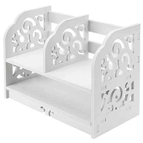 MyGift 2-Tier White Openwork Design Desktop Book and Stationary Organizer Rack, Countertop Bookcase Shelf