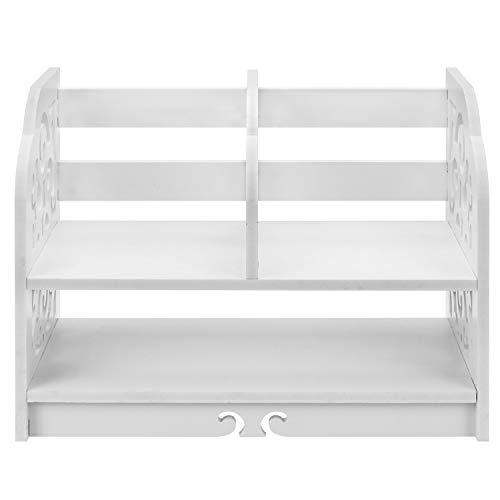 MyGift 2-Tier White Openwork Design Desktop Book and Stationary Organizer Rack, Countertop Bookcase Shelf