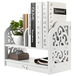 MyGift 2-Tier White Openwork Design Desktop Book and Stationary Organizer Rack, Countertop Bookcase Shelf