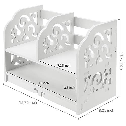 MyGift 2-Tier White Openwork Design Desktop Book and Stationary Organizer Rack, Countertop Bookcase Shelf