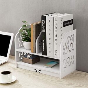 MyGift 2-Tier White Openwork Design Desktop Book and Stationary Organizer Rack, Countertop Bookcase Shelf