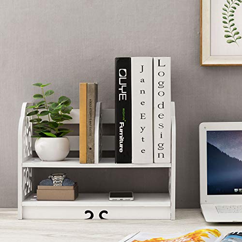 MyGift 2-Tier White Openwork Design Desktop Book and Stationary Organizer Rack, Countertop Bookcase Shelf