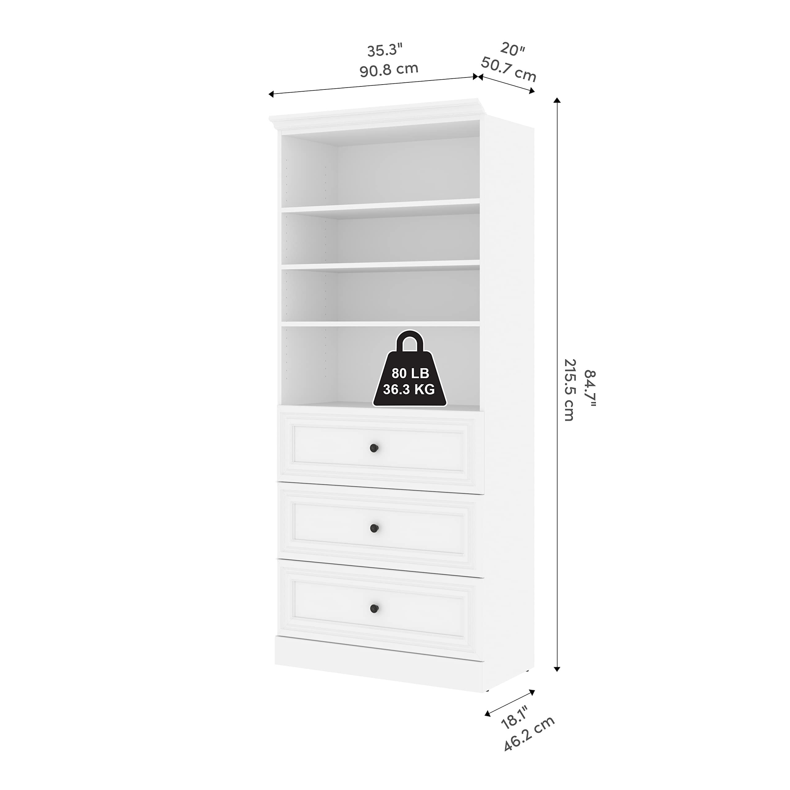 Bestar Versatile Shelving Unit with 3 Drawers, 36W, White