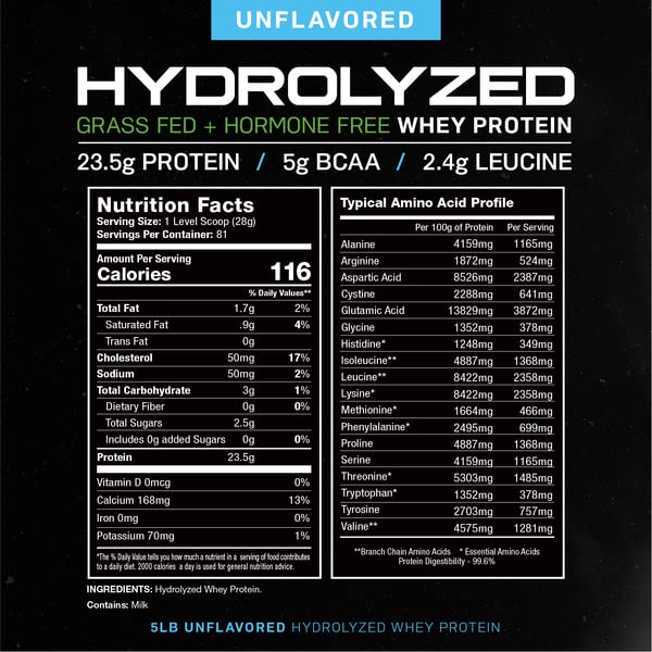 Muscle Feast Grass-Fed Hydrolyzed Whey Protein Powder, All Natural Hormone-Free, Unflavored, 5lb