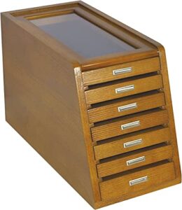 collector's knife display case tool storage holder cabinet drawers pocket watch collection showcase walnut finish