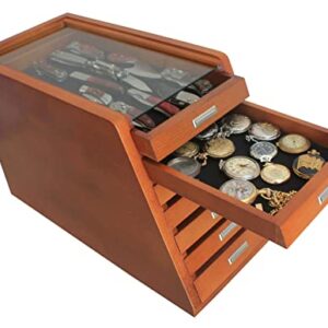 Collector's Knife Display Case Tool Storage Holder Cabinet Drawers Pocket Watch Collection Showcase Walnut Finish