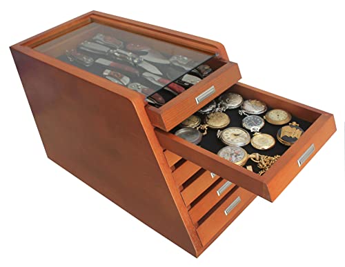 Collector's Knife Display Case Tool Storage Holder Cabinet Drawers Pocket Watch Collection Showcase Walnut Finish