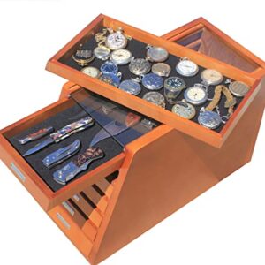 Collector's Knife Display Case Tool Storage Holder Cabinet Drawers Pocket Watch Collection Showcase Walnut Finish