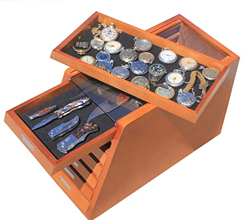 Collector's Knife Display Case Tool Storage Holder Cabinet Drawers Pocket Watch Collection Showcase Walnut Finish