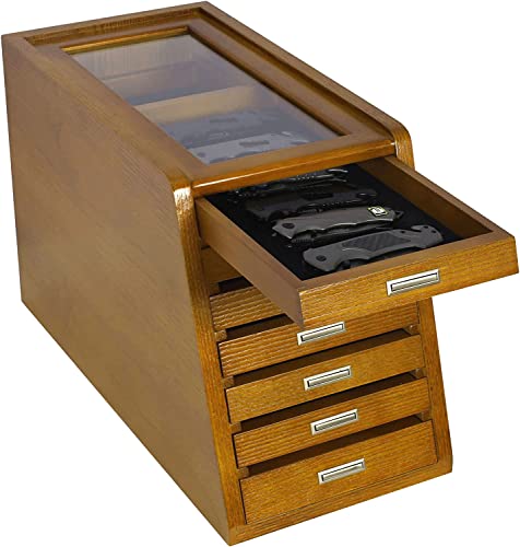 Collector's Knife Display Case Tool Storage Holder Cabinet Drawers Pocket Watch Collection Showcase Walnut Finish