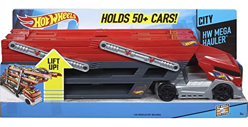 Hot Wheels Playset with Hw MEGA Hauler Toy Truck & 1:64 Scale Car, Stores 50+ Vehicles, Expands to 6 Levels