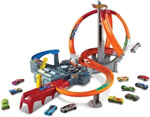 hot wheels toy car track set spin storm, 3 intersections for crashing & motorized booster, 1:64 scale car