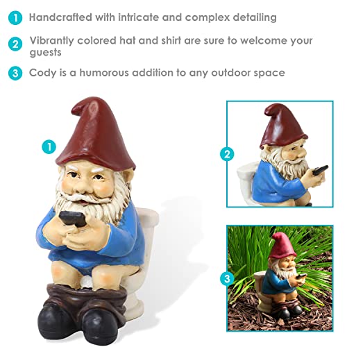 Sunnydaze Cody The Garden Gnome on The Throne Reading His Phone - Funny Lawn Decoration - 9.5 Inches Tall