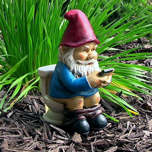 Sunnydaze Cody The Garden Gnome on The Throne Reading His Phone - Funny Lawn Decoration - 9.5 Inches Tall