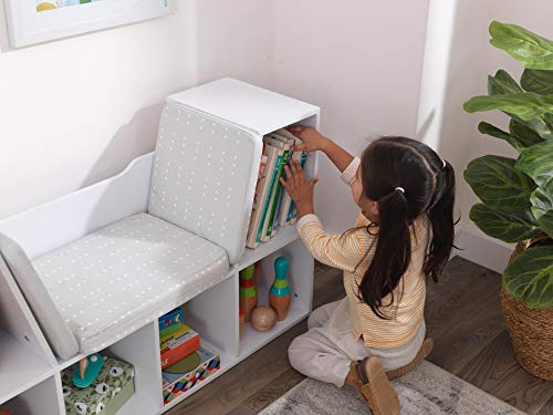 KidKraft Wooden Bookcase with Reading Nook, Storage and Gray Cushion, White, Gift for Ages 3-8