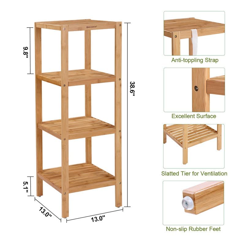 SONGMICS 4-Tier Bamboo Bathroom Shelf, Narrow Shelving Unit, Multifunctional Storage Rack, Corner Rack, for Kitchen, Living Room, Bedroom, Entryway, Bathroom, Natural UBCB54Y