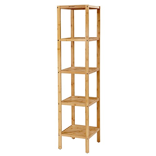 SONGMICS 5-Tier Bamboo Bathroom Shelf, Narrow Shelving Unit, Multifunctional Storage Rack, Corner Rack, for Kitchen, Living Room, Bedroom, Entryway, Bathroom, Natural UBCB55Y