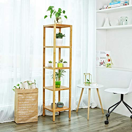 SONGMICS 5-Tier Bamboo Bathroom Shelf, Narrow Shelving Unit, Multifunctional Storage Rack, Corner Rack, for Kitchen, Living Room, Bedroom, Entryway, Bathroom, Natural UBCB55Y