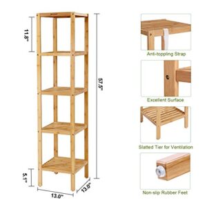 SONGMICS 5-Tier Bamboo Bathroom Shelf, Narrow Shelving Unit, Multifunctional Storage Rack, Corner Rack, for Kitchen, Living Room, Bedroom, Entryway, Bathroom, Natural UBCB55Y