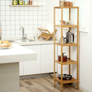 SONGMICS 5-Tier Bamboo Bathroom Shelf, Narrow Shelving Unit, Multifunctional Storage Rack, Corner Rack, for Kitchen, Living Room, Bedroom, Entryway, Bathroom, Natural UBCB55Y