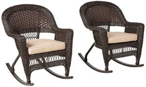 jeco rocker wicker chair with tan cushion, set of 2, espresso