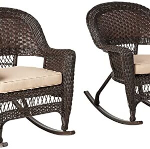 Jeco Rocker Wicker Chair with Tan Cushion, Set of 2, Espresso